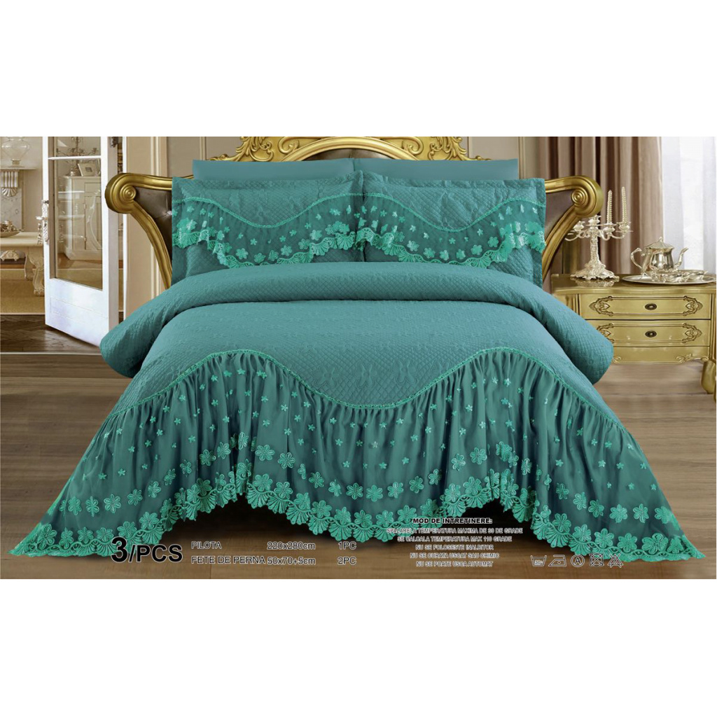 Set Cuvertura Finet Cu Volane 220x270cm + 2 Fete Perna Verde Pentru un ...